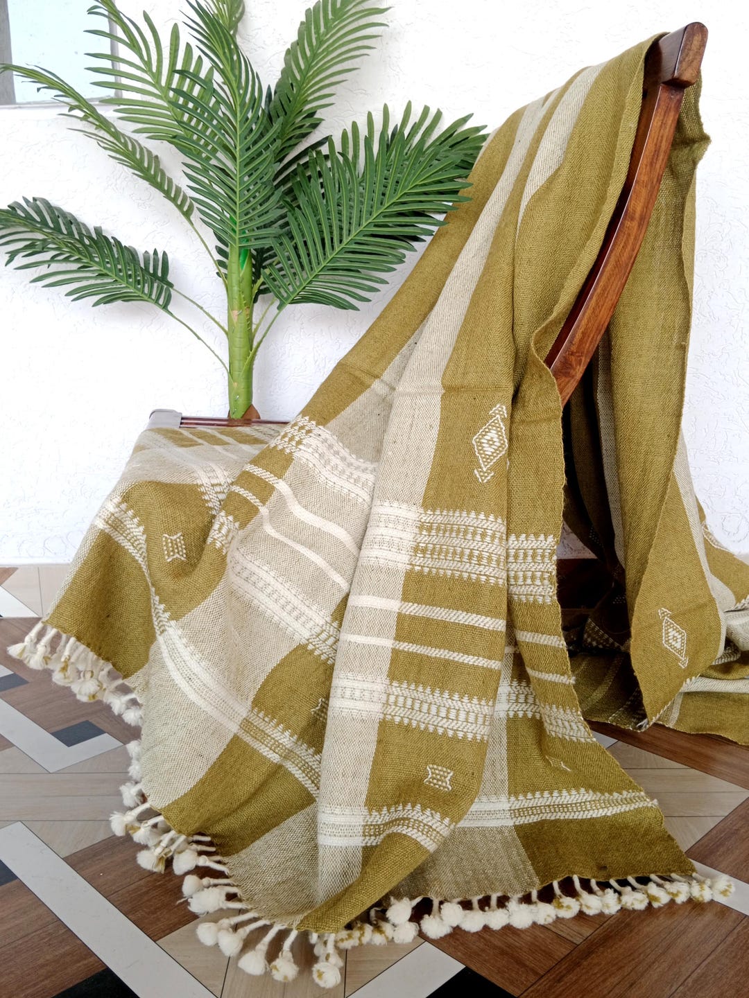 Handwoven Bhujodi Wool Throw Blanket: Indian Bed Cover With Pompoms - Etsy