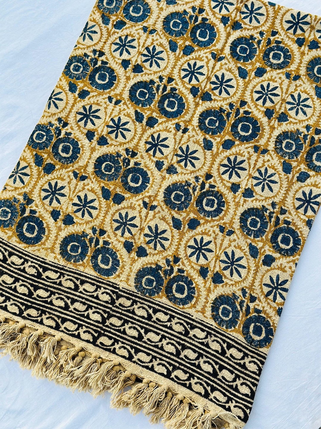 Premium Hand Block Printed Cotton Throw Blanket–blue Mustard Floral ...