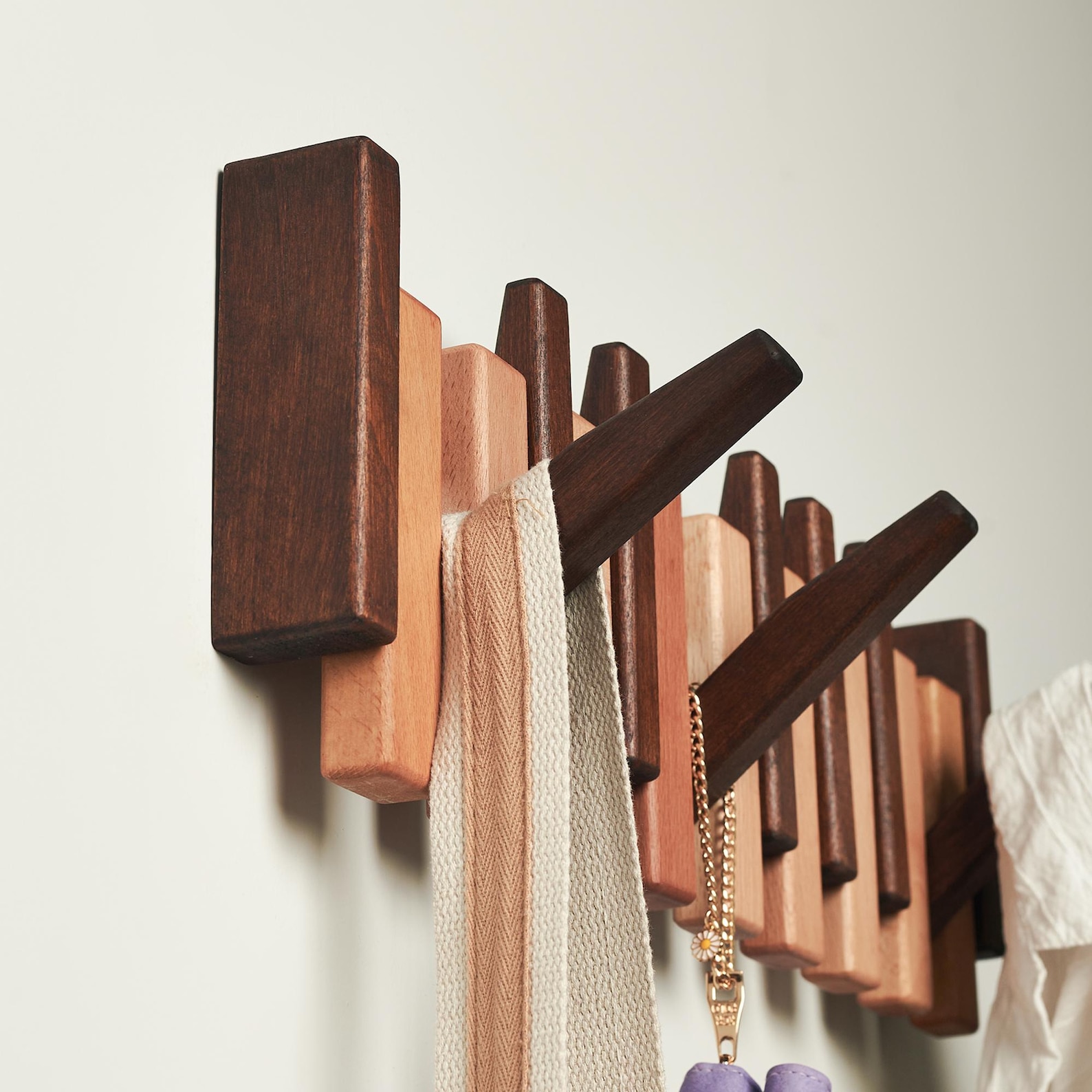 Modern Walnut Wood Staggered Piano Coat Rack, Multifunctional Wall Hat ...