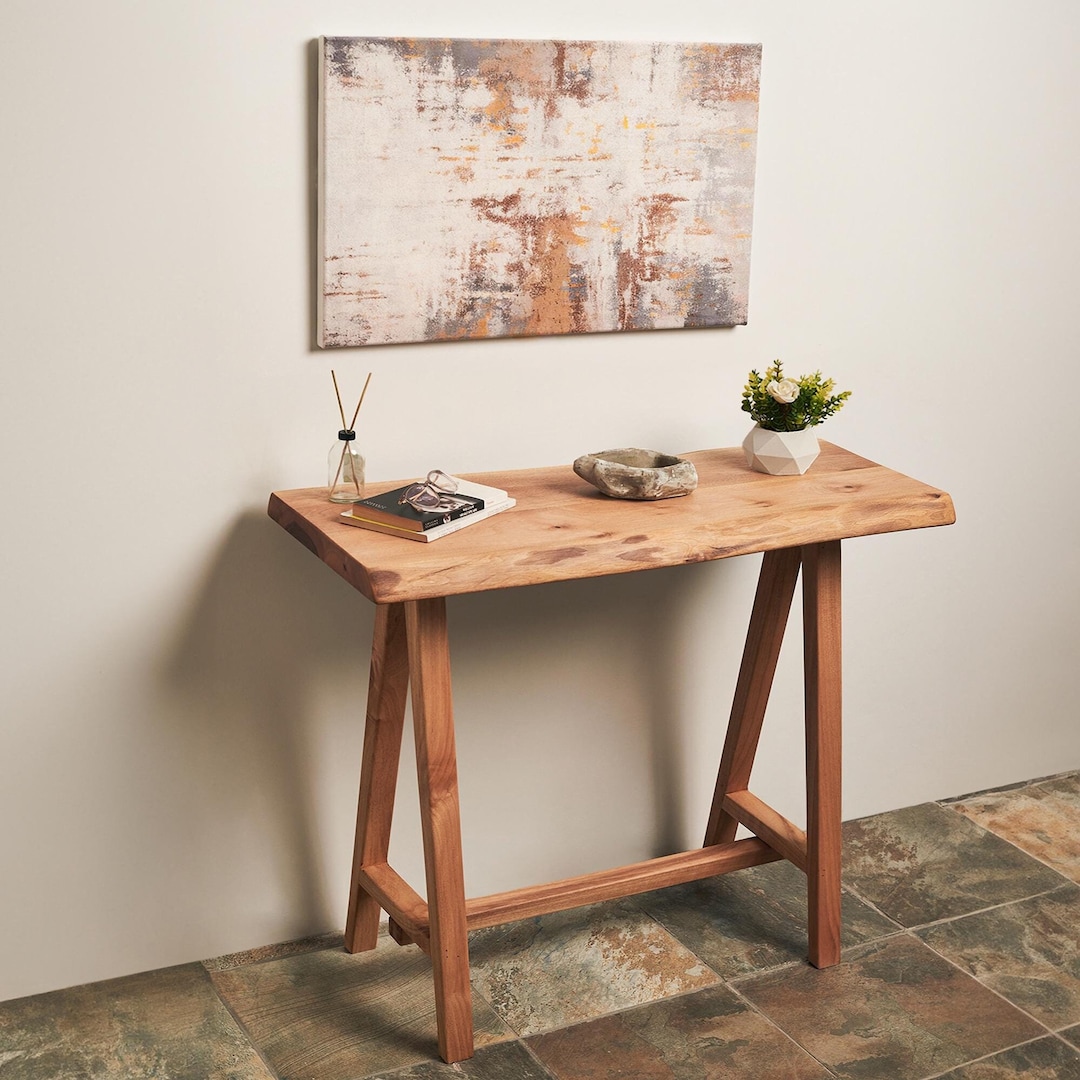 Solid Walnut Wood Farmhouse Console Table, Natural Narrow Sofa Entryway ...