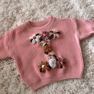 Custom Initial Flower Design Embroidered Baby and Toddler Knit Sweater ...