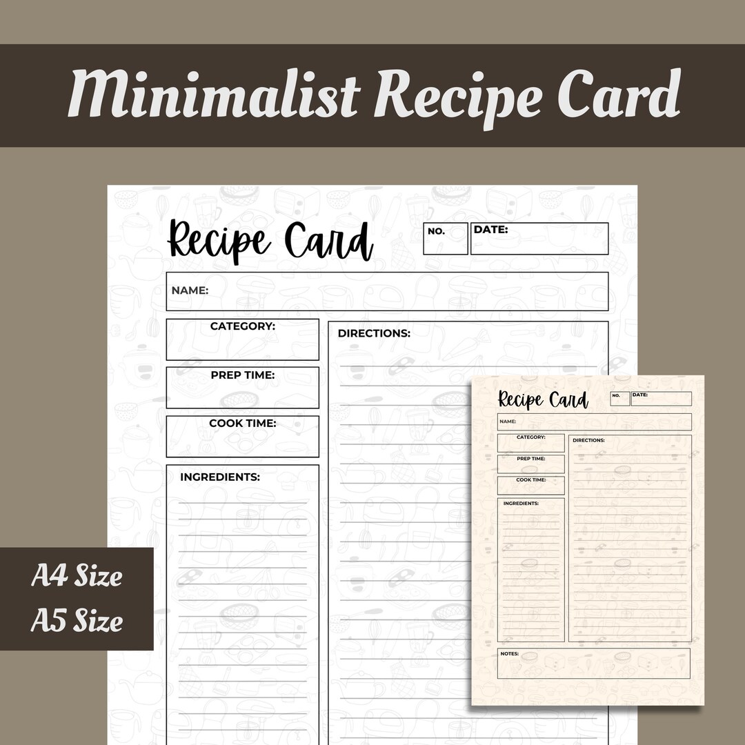 Minimalist Recipe Card Template | Recipe Template | Printable Recipe ...