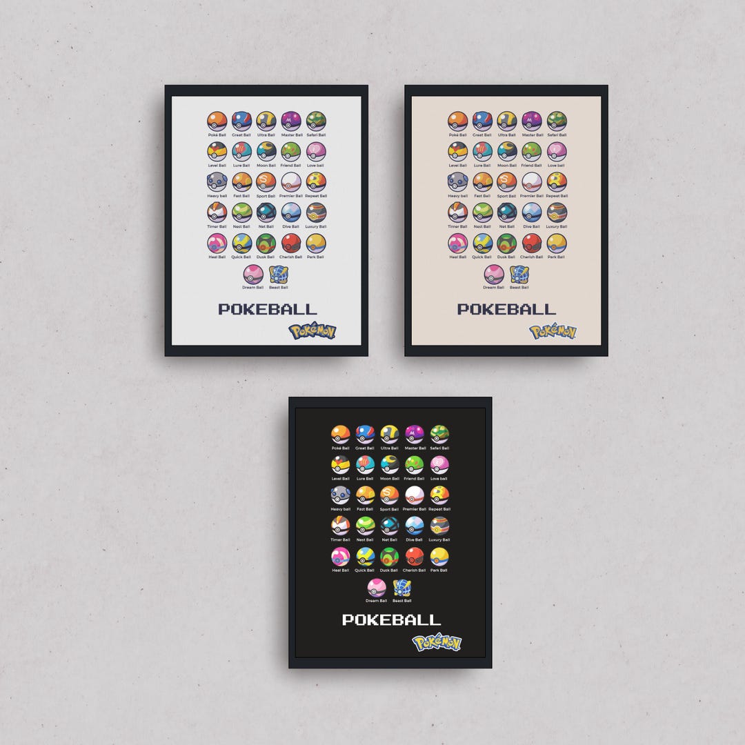 Pokemon Pokeball Digital Art, Set of 3, Pokemon Pokeball, Wall Art ...