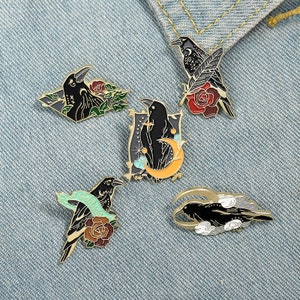 Crow Raven Enamel Pin Custom Bird Feather Moon Flowers Brooches Bag ...
