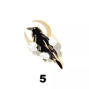 Crow Raven Enamel Pin Custom Bird Feather Moon Flowers Brooches Bag ...