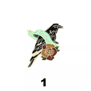 Crow Raven Enamel Pin Custom Bird Feather Moon Flowers Brooches Bag ...