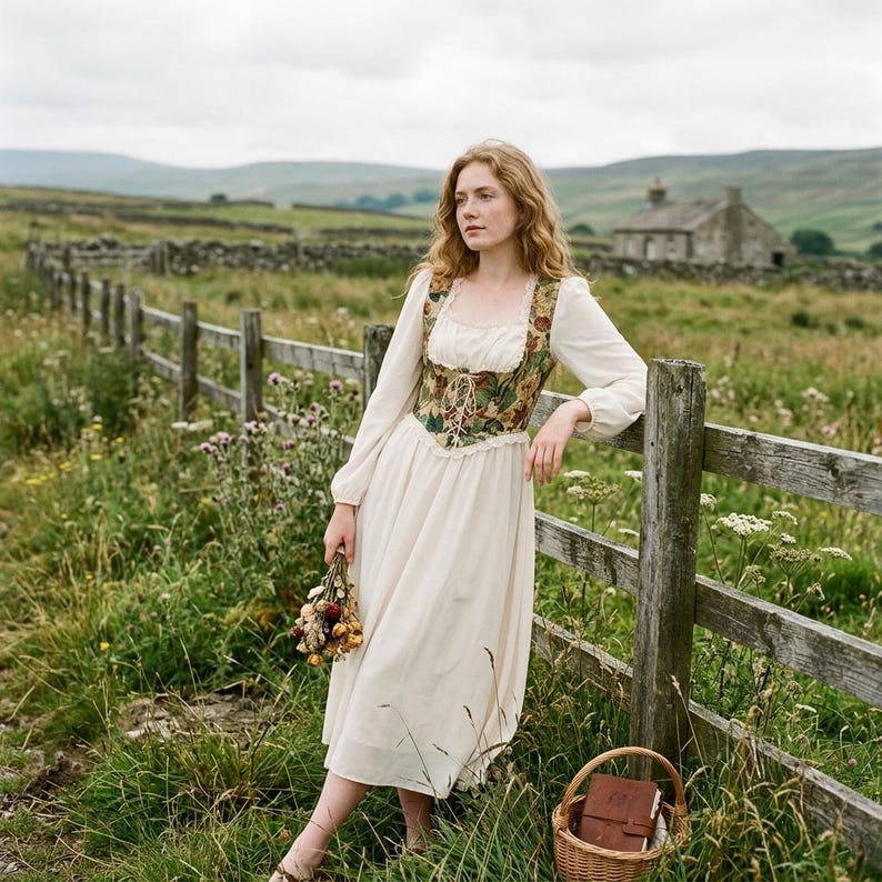 Vintage Floral Corset Midi Dress, Cottagecore Square Neck Lace A-line ...