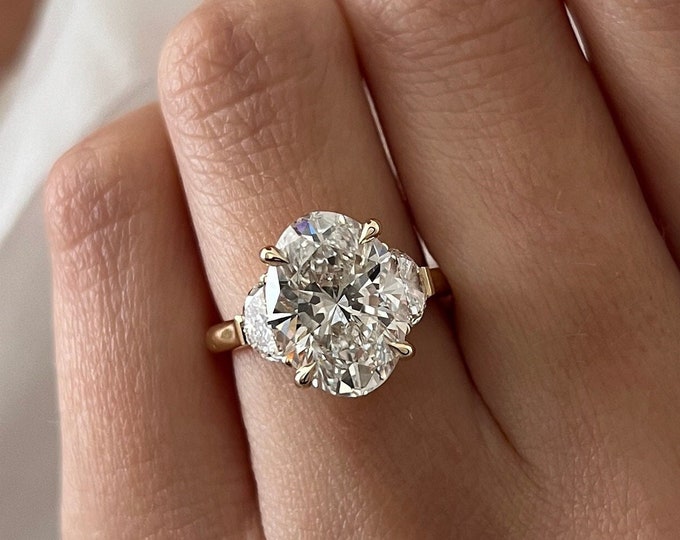 5 Carat Oval Lab Grown Diamond Three Stone Engagement Ring: Half Moon ...