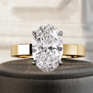 3 Carat Oval Lab Grown CVD Diamond E VS1 Cigar Band Engagement Ring / 3MM Wide Band Two Tone ...