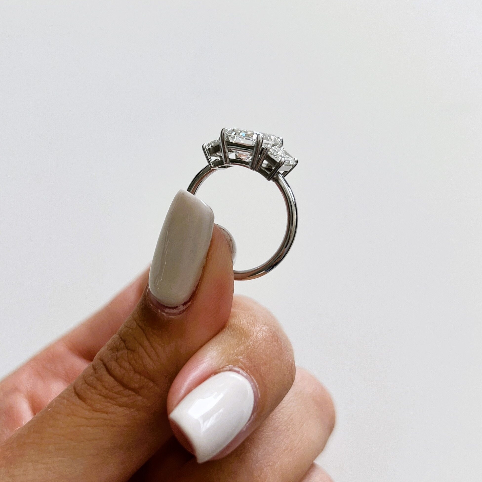 4 Carat Total E VVS2 Emerald Cut Lab Diamond Three Stone Ring / 3ct ...