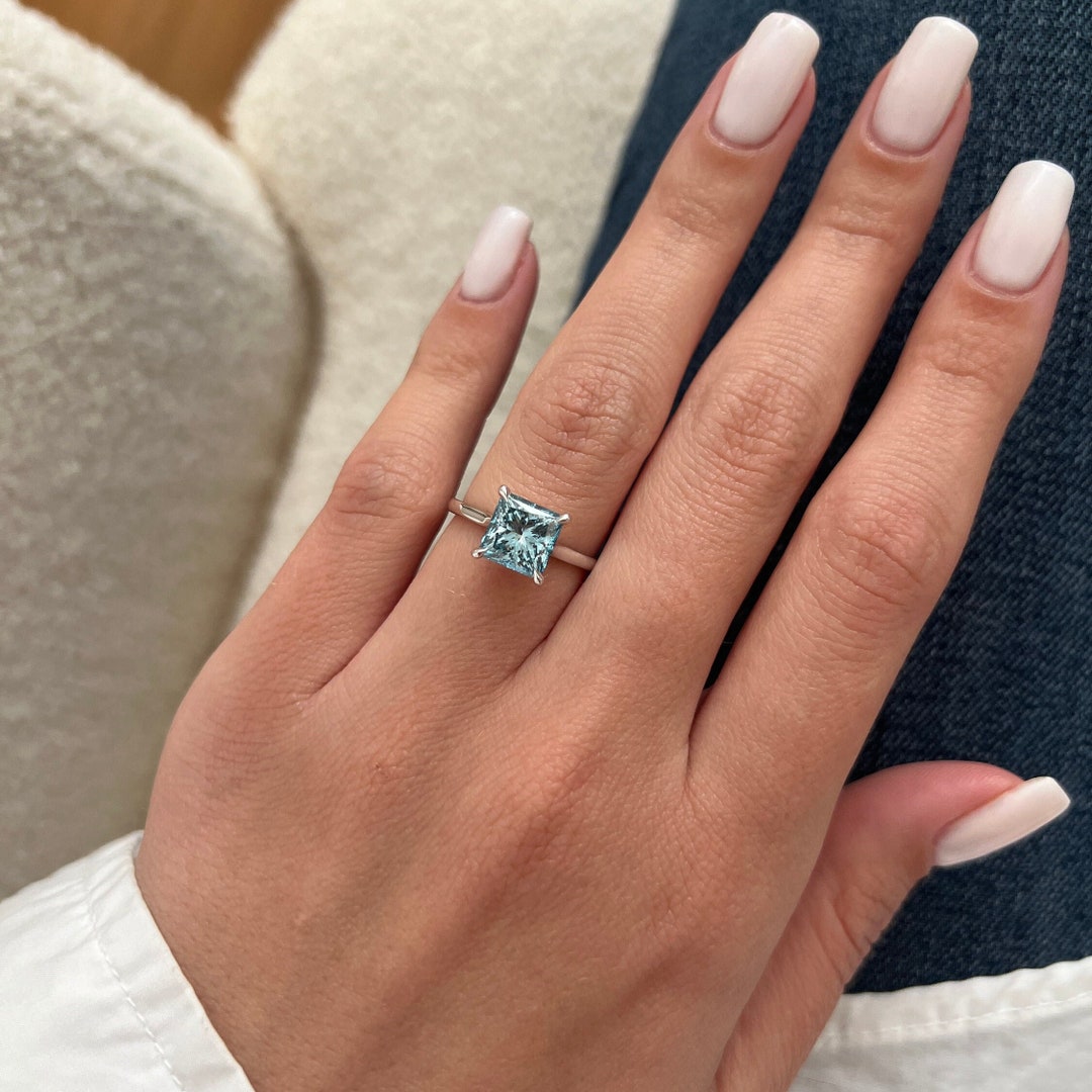 2 Carat Princess Cut Fancy Vivid Blue Lab Grown Diamond Engagement Ring ...