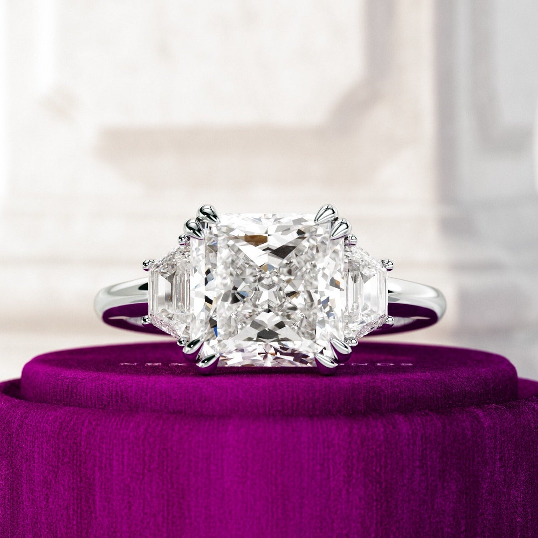 4 Carat Square Radiant Lab Grown Diamond Three Stone Engagement Ring ...