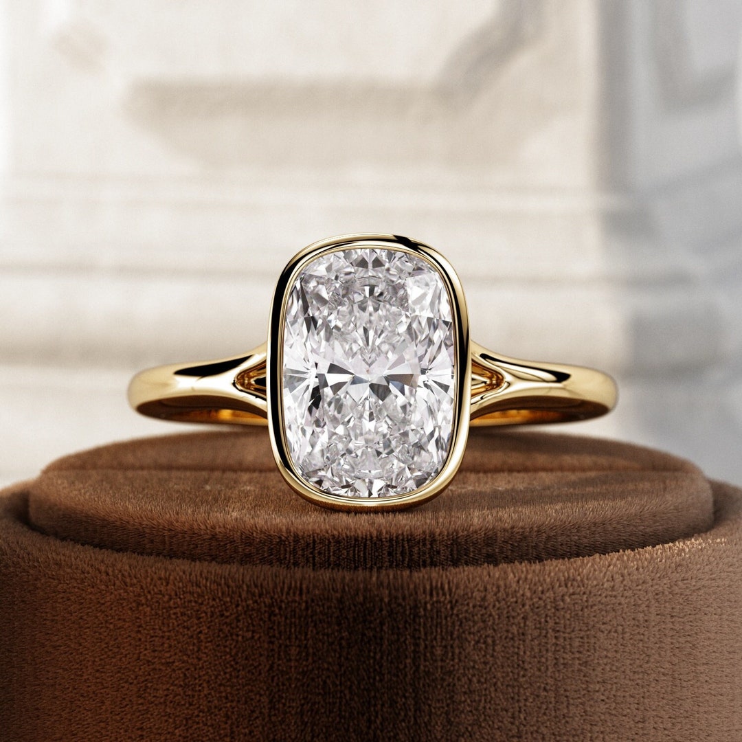 2 Carat Elongated Cushion Lab Created Diamond Bezel Set Ring / Split ...