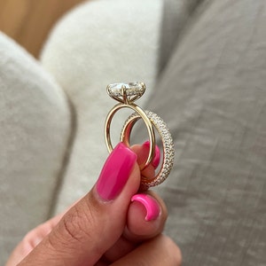 3 Carat Oval Lab Grown Diamond Hidden Halo Engagement Ring Set / 3 Row ...