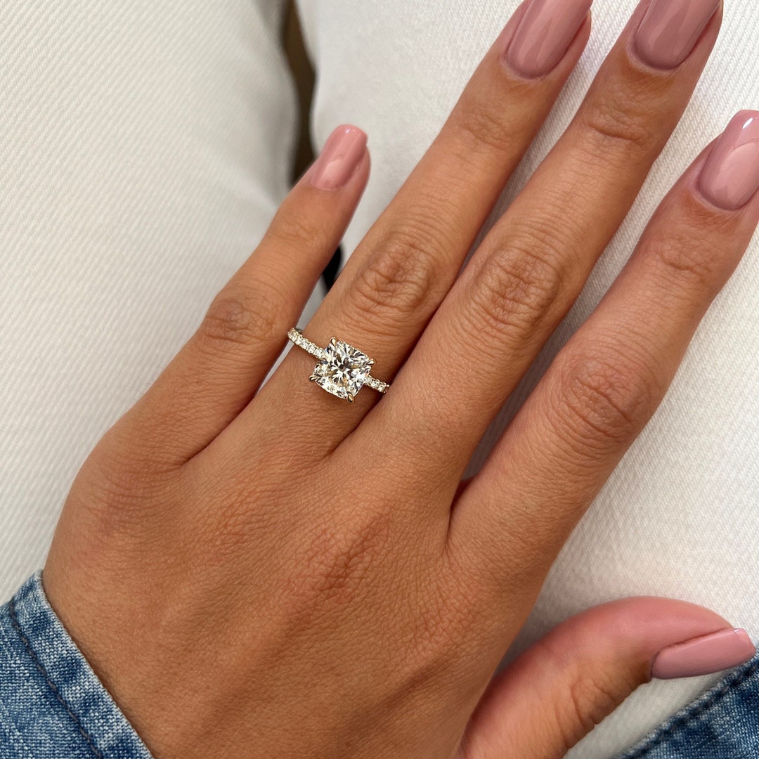 2 Carat Square Cushion Lab Grown Diamond Engagement Ring / Hidden Halo & Pave Cushion Diamond ...
