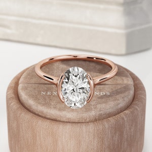 2 Carat Oval Lab Grown Diamond Ring / Half Bezel Set Engagement Ring ...