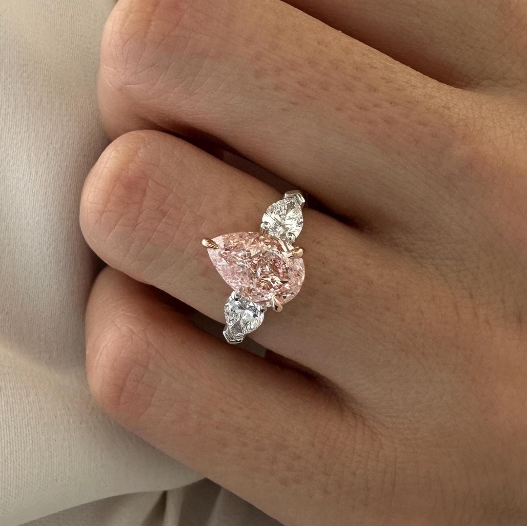 2 Carat Pear Cut Fancy Intense Pink Lab Grown Diamond 3 Stone Ring ...