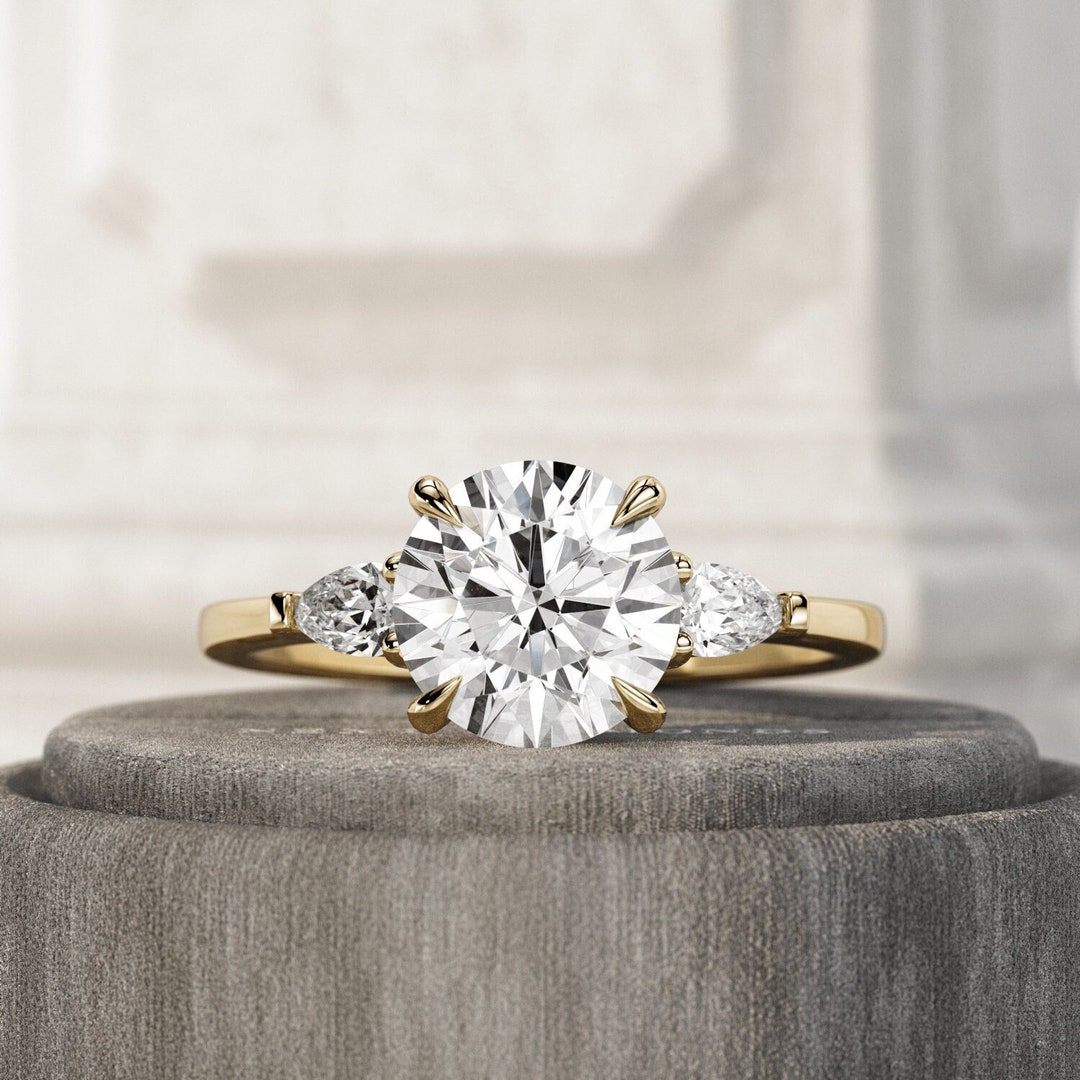 1.5 Carat Round Lab Grown Diamond Three Stone Ring / Pear & Round 3 ...