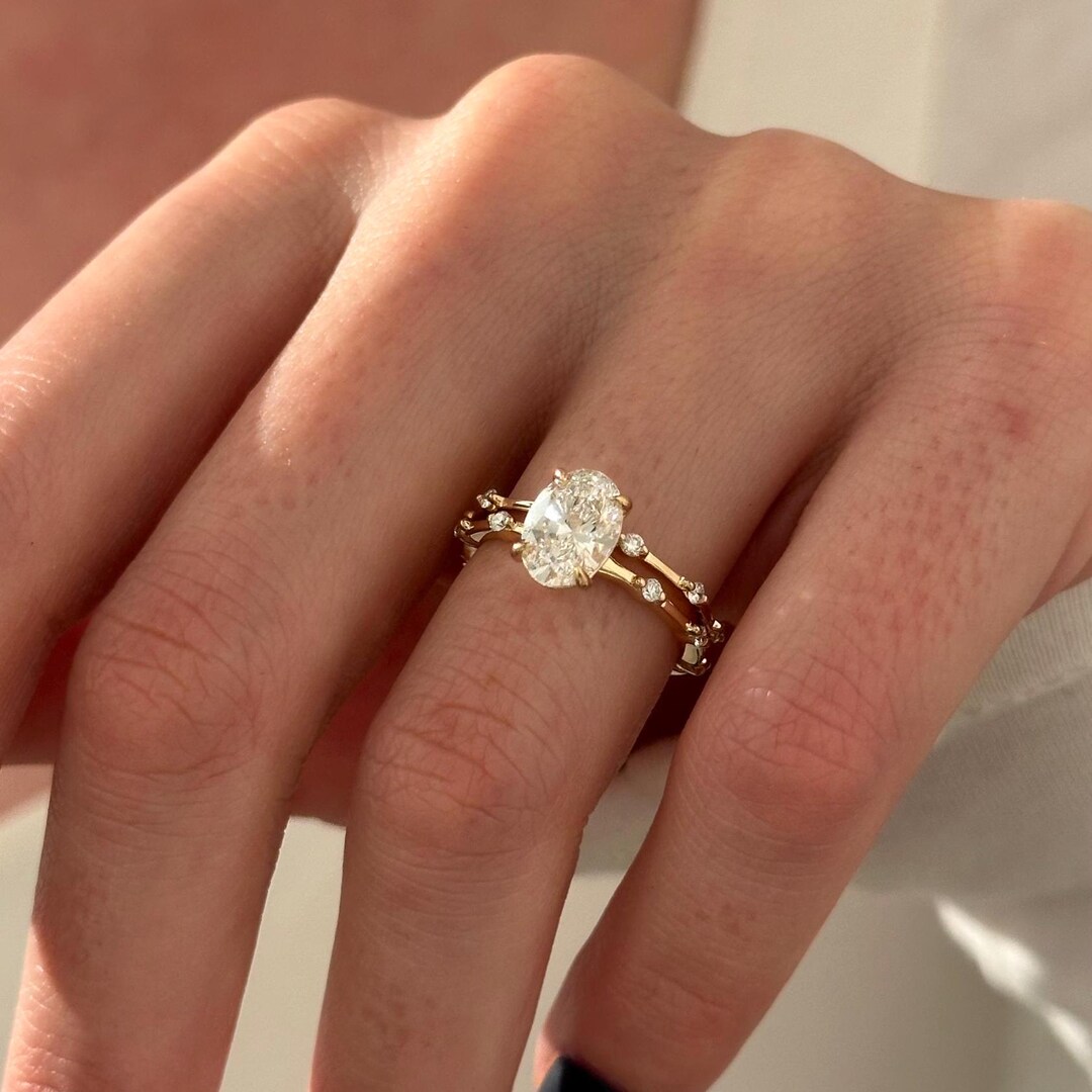 1.5 Carat Oval E VVS2 Lab Grown Diamond Bridal Set / Thin Engagement Ring / 14k Gold Delicate ...