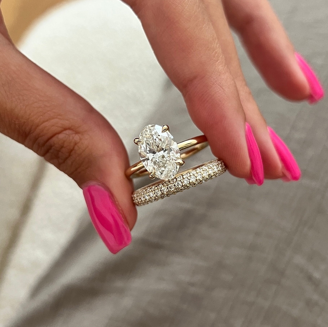 3 Carat Oval Lab Grown Diamond Hidden Halo Engagement Ring Set / 3 Row ...