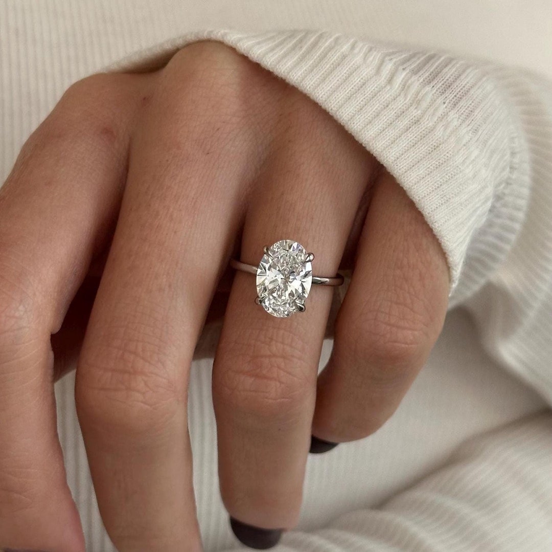 3 Carat Oval E VVS2 Lab Grown Diamond Thin Engagement Ring in 14k White Gold / Minimalist Flush ...