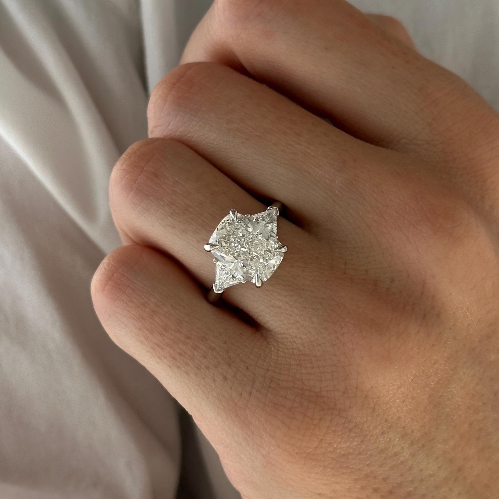 4 Carat Elongated Cushion Lab Grown Diamond Three Stone Engagement Ring ...