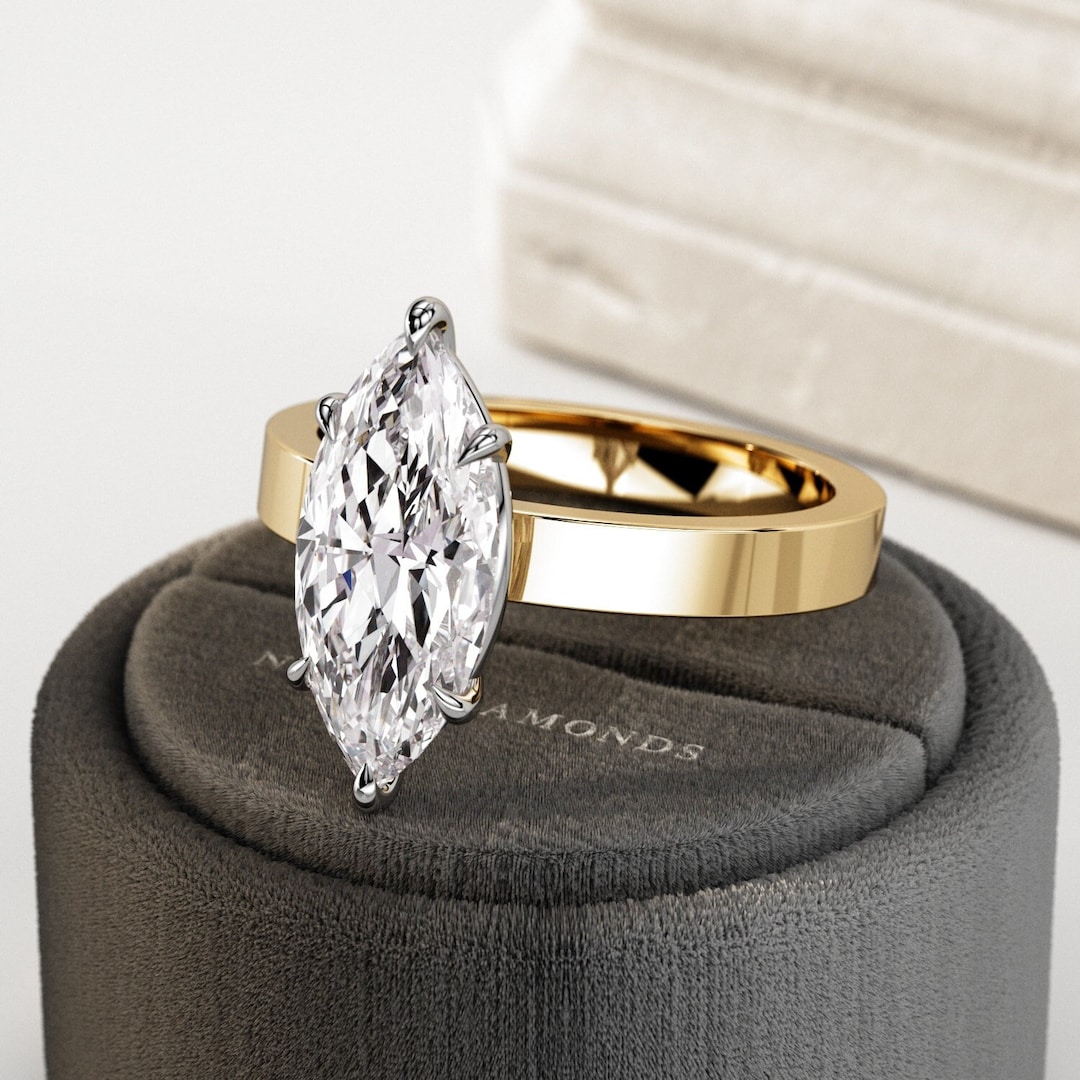 3 CT Marquise Lab Grown Diamond Thick Band Engagement Ring / 3MM Plain ...