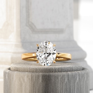 2 CT Oval Lab Grown Diamond Hidden Halo Engagement Ring in Yellow Gold / High Set Cathedral Ring ...