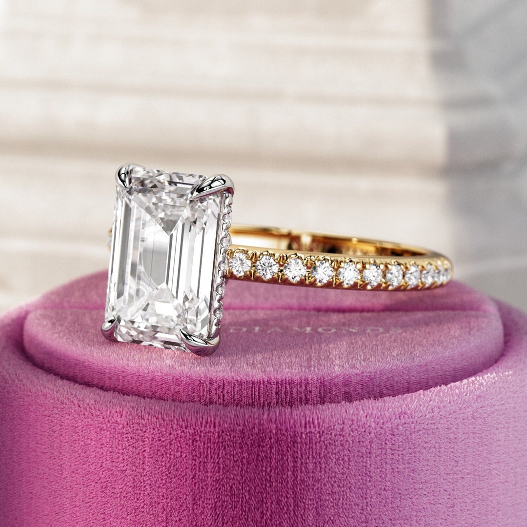 2 Carat Emerald Cut Lab Grown Diamond Low Profile Engagement Ring / Two ...
