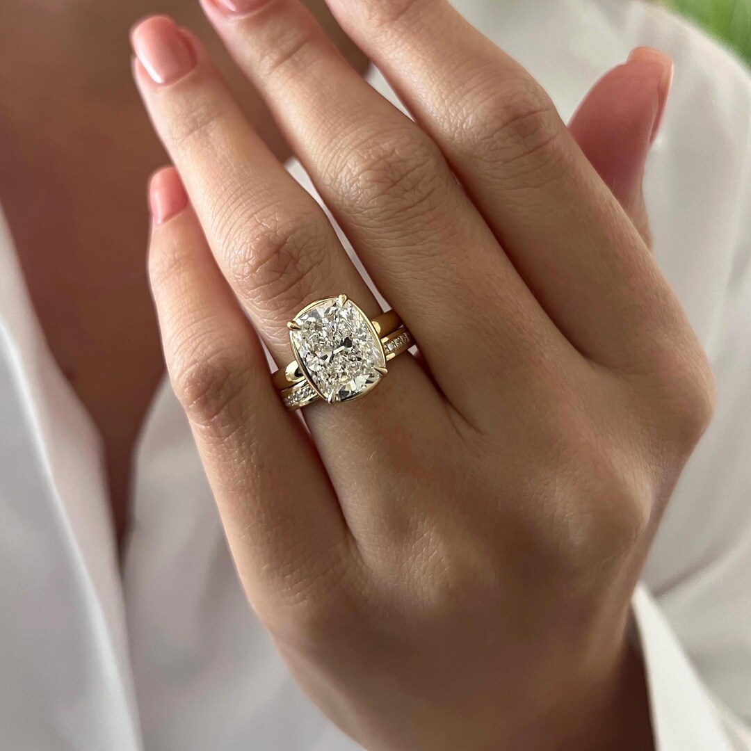 5 Carat Elongated Cushion UNIQUE Bezel Set Bridal Set in Yellow Gold ...