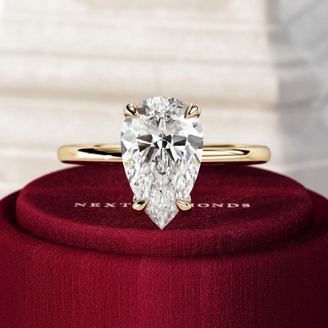 2 Carat Pear Lab Grown Diamond Unique Engagement Ring: Pave Prongs, 14k ...