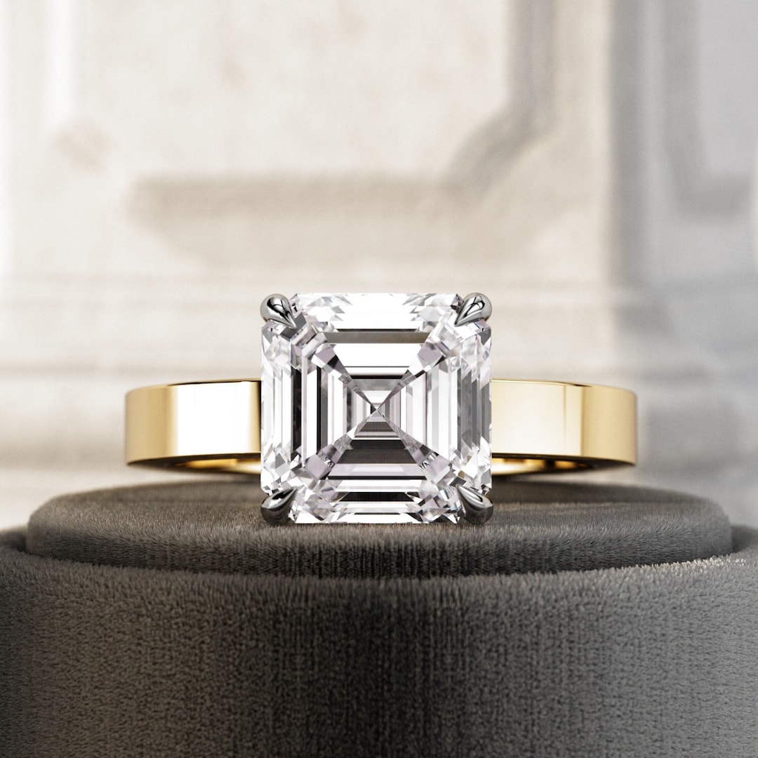 3 Carat Asscher Cut Lab Grown Diamond E VS1 Cigar Band Engagement Ring ...