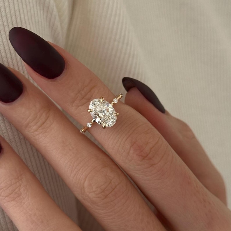 2 Carat Oval Lab Grown Diamond Ring / 2 CT Oval Diamond Thin Engagement ...