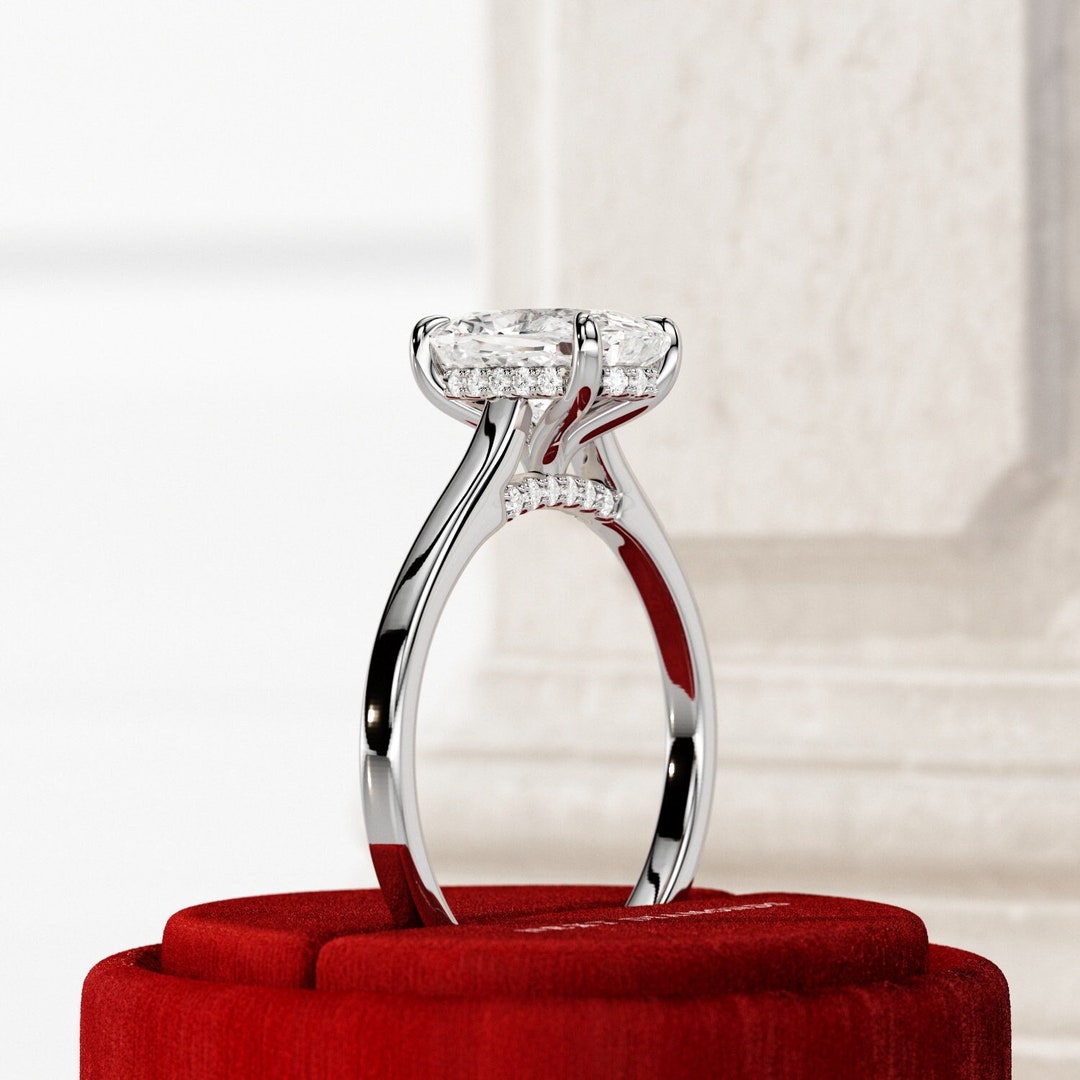 2 Carat Elongated Cushion Lab Grown Diamond Ring / Cathedral Engagement Ring Ring / White Gold ...