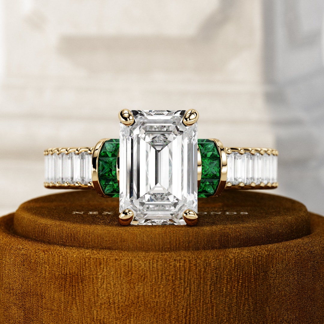 3 Carat Emerald Cut Lab Grown Diamond Art Deco Engagement Ring / Yellow ...