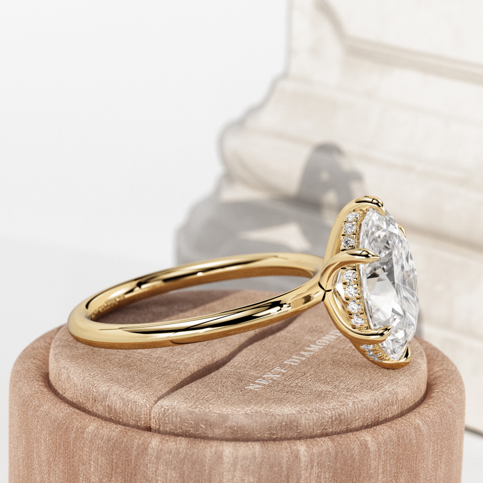 3 Carat Oval Lab Grown Diamond Hidden Halo Engagement Ring / Dainty Yellow Gold Oval Shape CVD ...