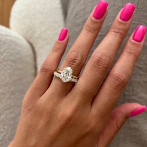 3 Carat Oval Lab Grown Diamond Hidden Halo Engagement Ring Set / 3 Row ...