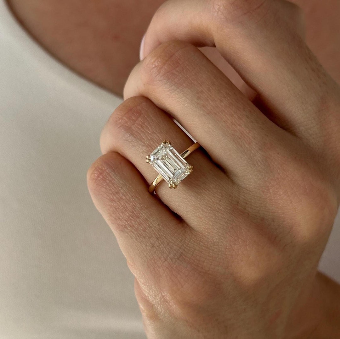 4 Carat Emerald Cut Lab Grown Diamond Hidden Halo Engagement Ring / 18K ...