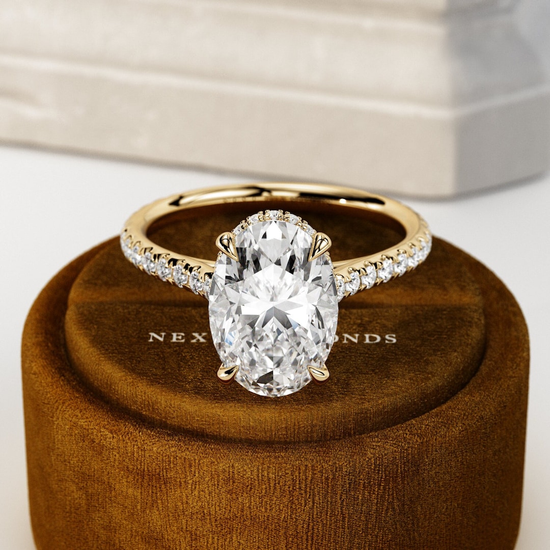 3 Carat Oval Lab Grown Diamond Ring / Double Hidden Halo Pave ...