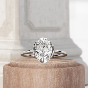 2 Carat Oval Lab Grown Diamond Ring / Half Bezel Set Engagement Ring ...