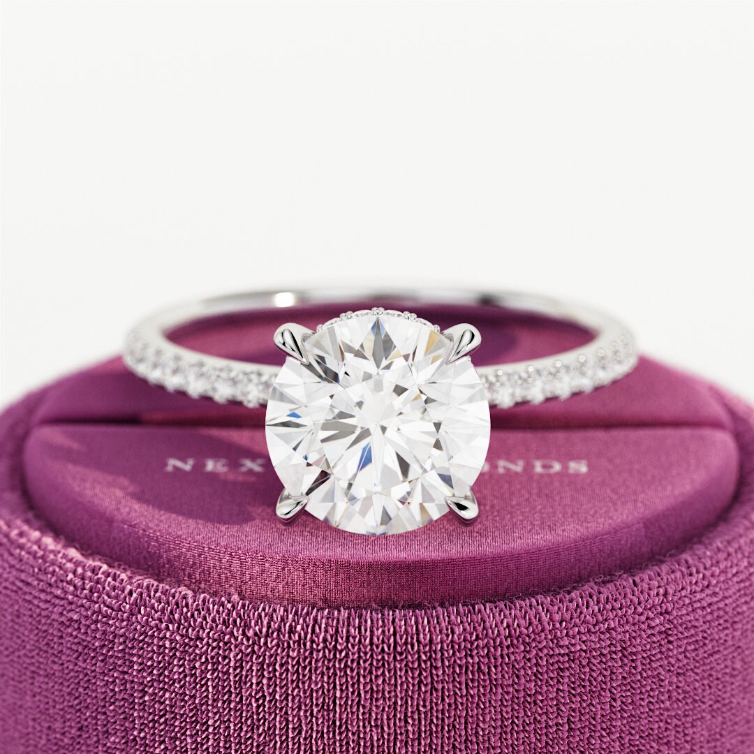 2 Carat Round Lab Grown Diamond Ring / White Gold Hidden Halo Diamond ...