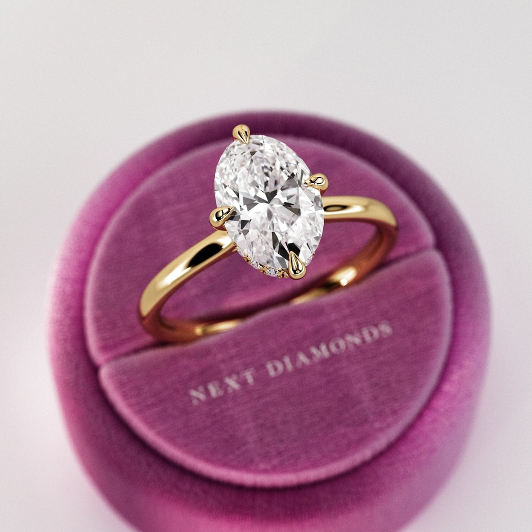 2 Carat Oval Lab Grown Diamond Kite Set Engagement Ring / Unique Hidden ...