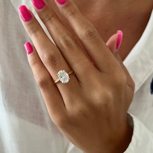 2 CT Oval Lab Grown Diamond Hidden Halo Engagement Ring in Yellow Gold / High Set Cathedral Ring ...