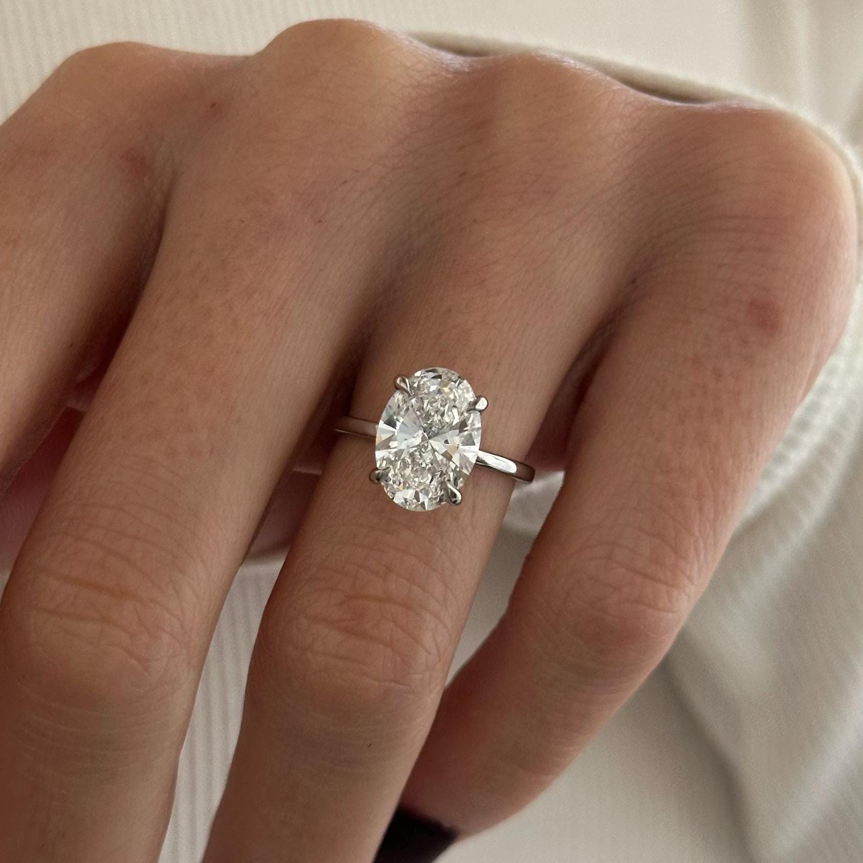3 Carat Oval E VVS2 Lab Grown Diamond Thin Engagement Ring in 14k White ...