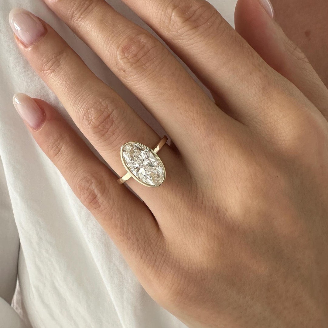 3 Carat Super Elongated Oval Lab Grown Diamond Solitaire Ring in Bezel ...