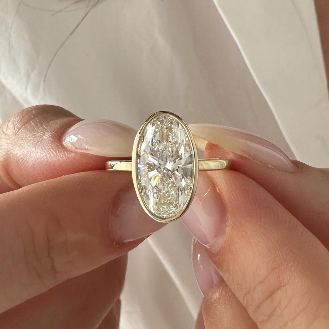 3 Carat Super Elongated Oval Lab Grown Diamond Solitaire Ring in Bezel ...