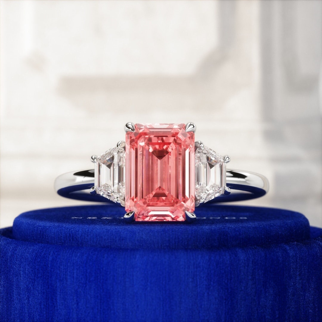 2 Carat Fancy Vivid Pink Emerald Cut Lab Diamond Engagement Ring / Lab ...