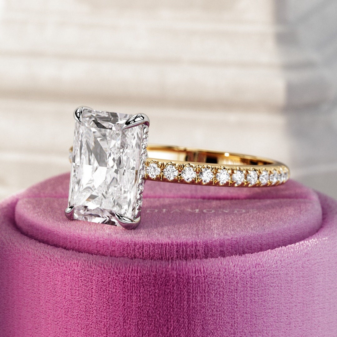 2 Carat Radiant Cut Lab Grown Diamond Low Profile Ring / Hidden Halo ...