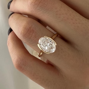2 Carat Oval Lab Grown Diamond Ring / Half Bezel Set Engagement Ring ...