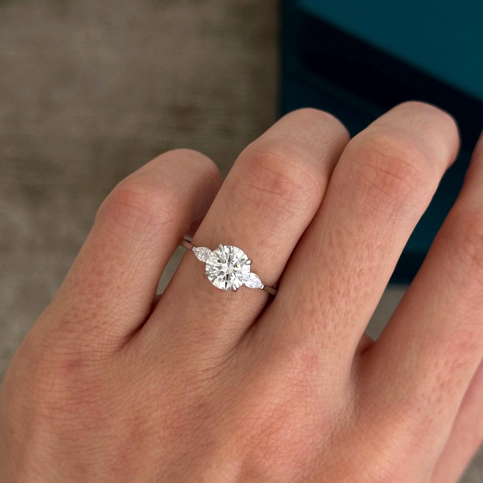 1.5 Carat Round and Pear Lab Grown Diamond Three Stone Ring / 14k White ...